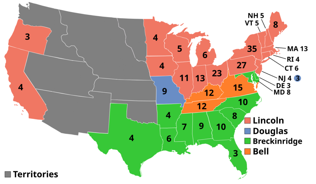 1860 US Presidential Election Map: Lincoln vs Breckinridge vs Douglas ...