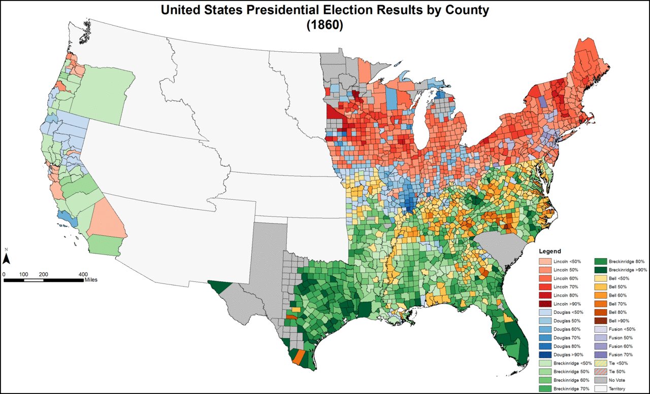 1860 US Presidential Election Map: Lincoln vs Breckinridge vs Douglas ...