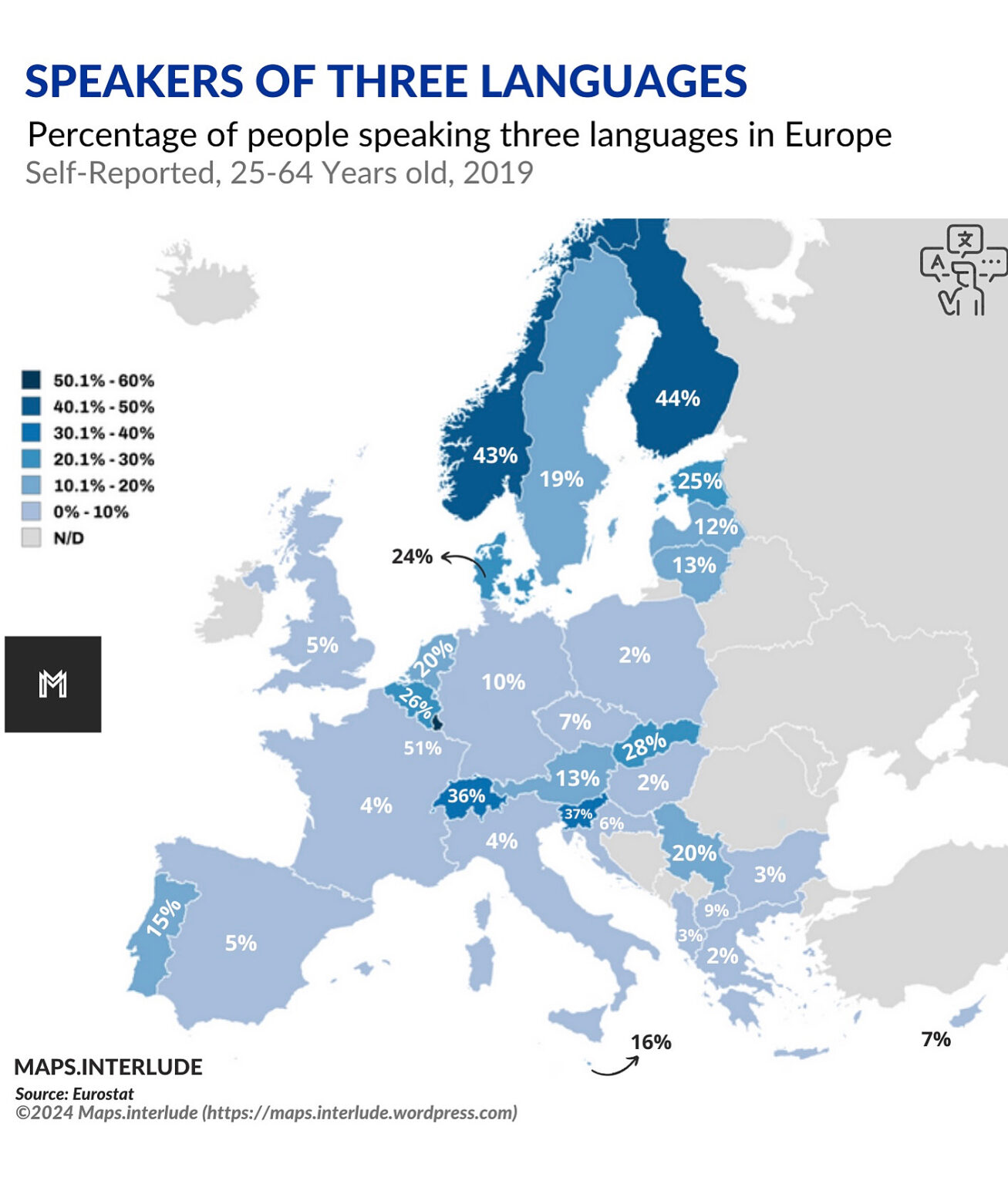 How Many People Can Speak 3+ Languages By European Country - Brilliant Maps