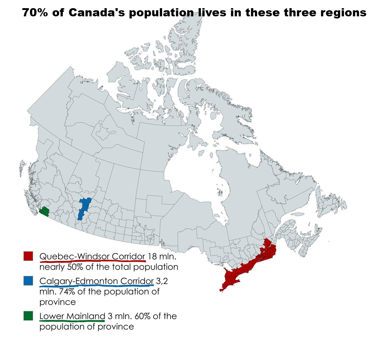 70% of Canada's Population Live In The 3 Coloured Areas On The Map ...