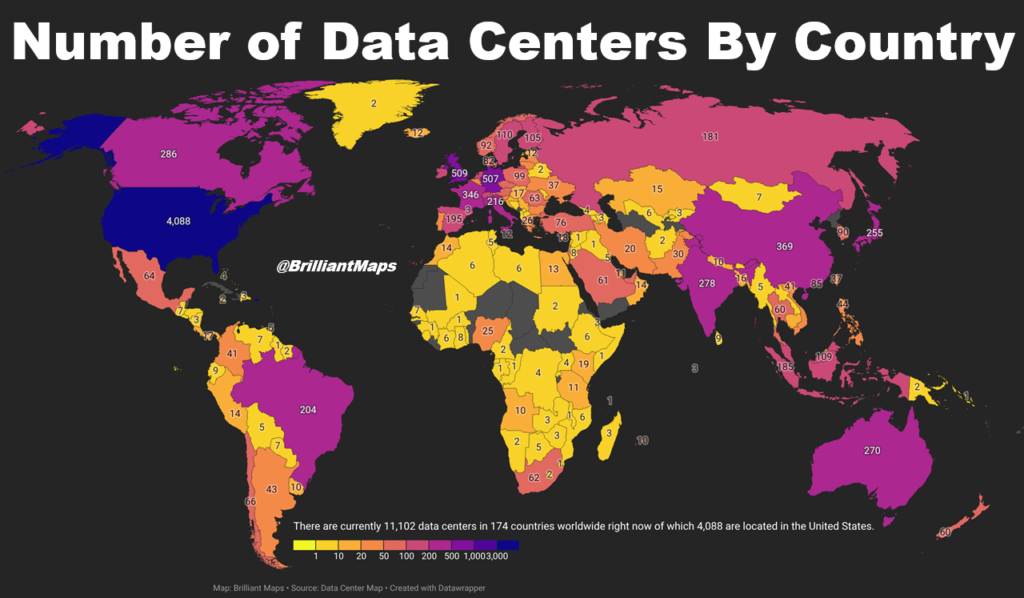 Number of Data Centers By Country - Brilliant Maps