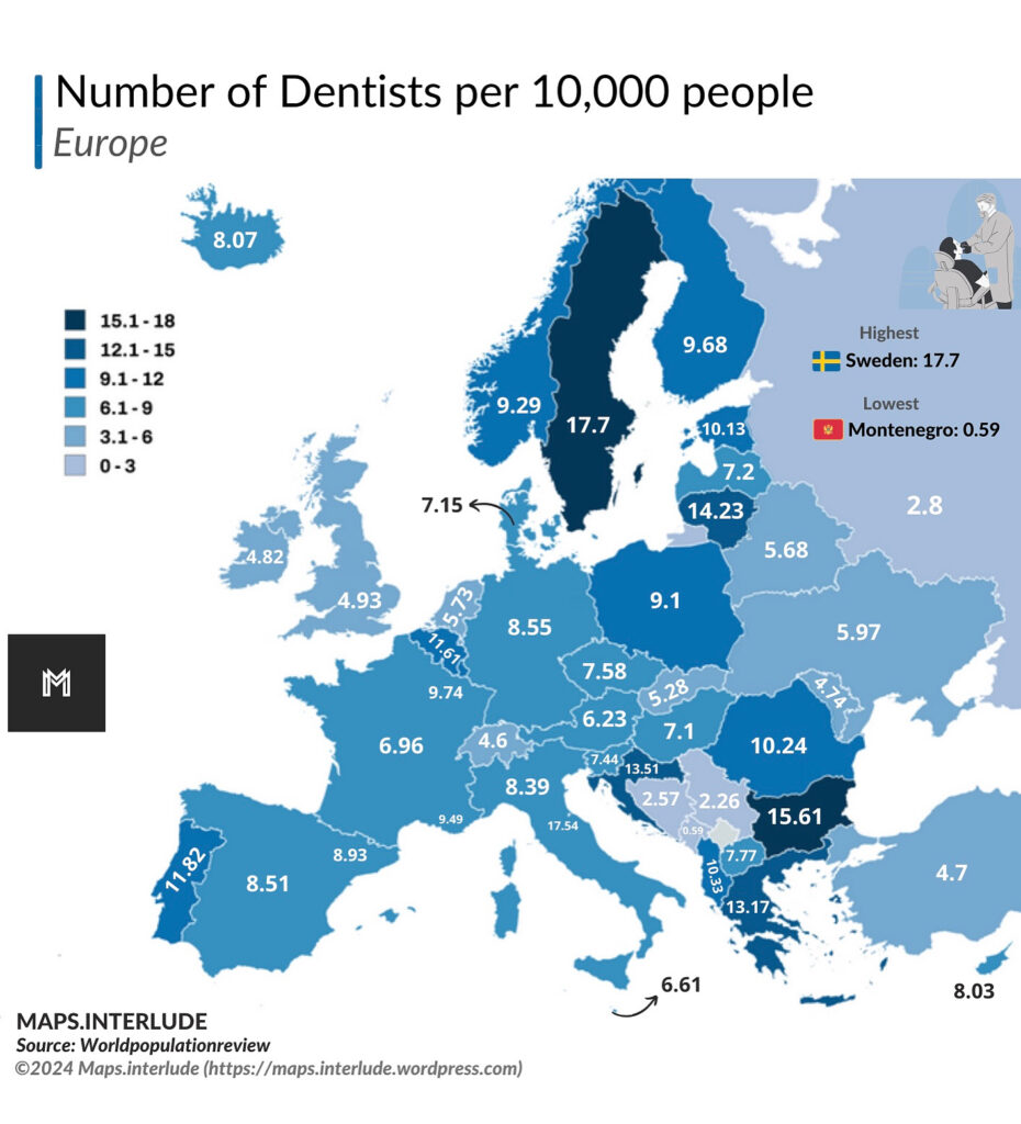 Number of Dentists Per 10,000 People in Europe - Brilliant Maps
