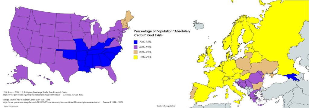 Absolutely Certain God Exists: USA VS Europe - Brilliant Maps