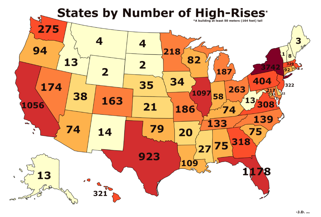 States by Number of Highrise Buildings Over 50 Meters (164 Feet) Tall ...