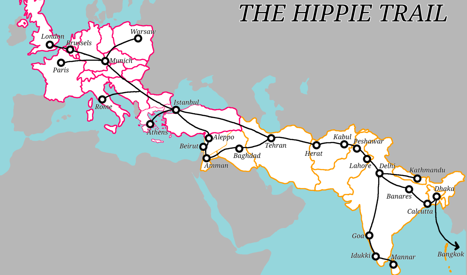 Map of The Hippie Trail Routes of The 1960s & 1970s - Brilliant Maps