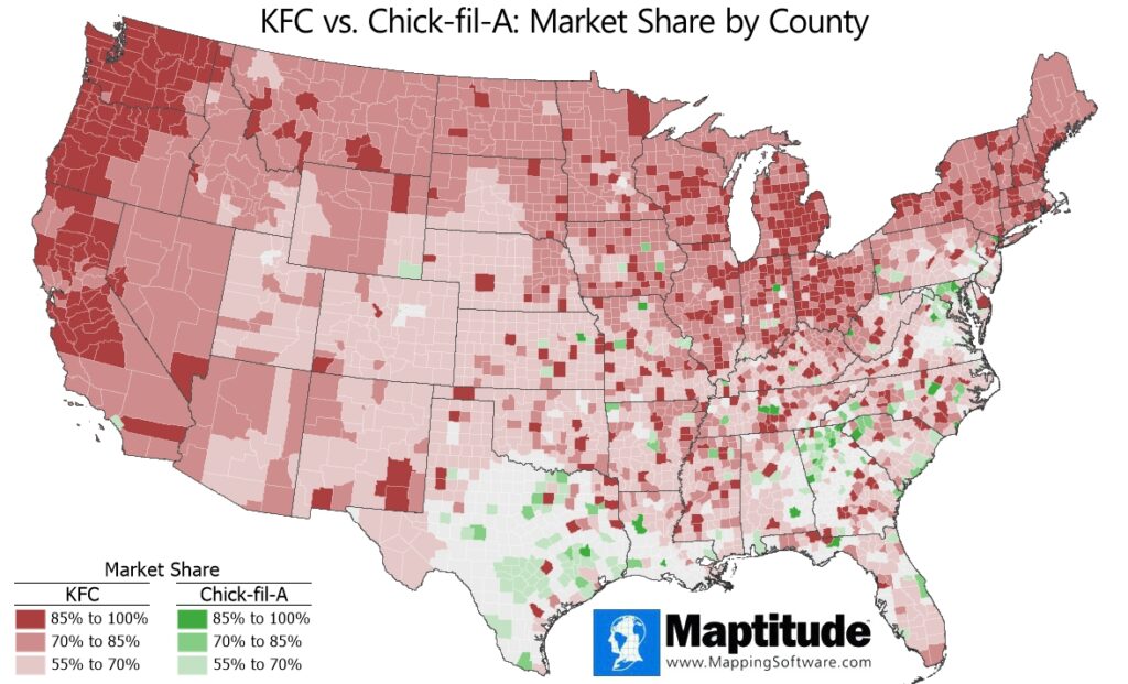 KFC vs. Chick-fil-A Restaurants By US County: Brilliant Maps