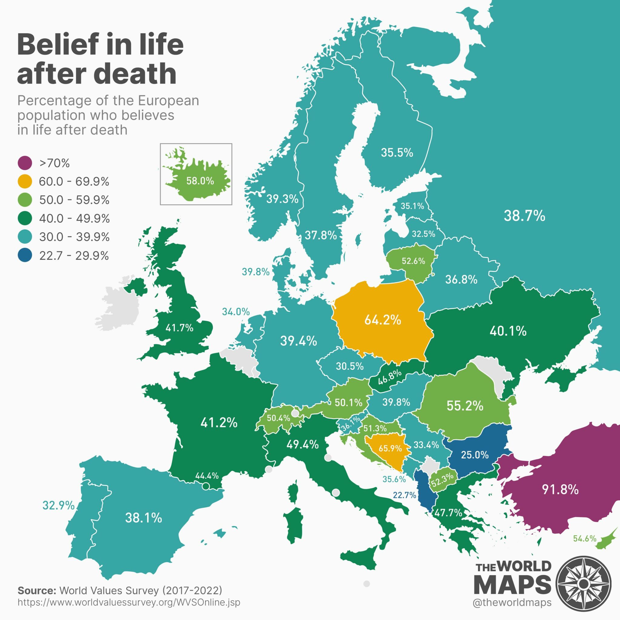 Percentage of People Who Believe In Life After Death - Brilliant Maps