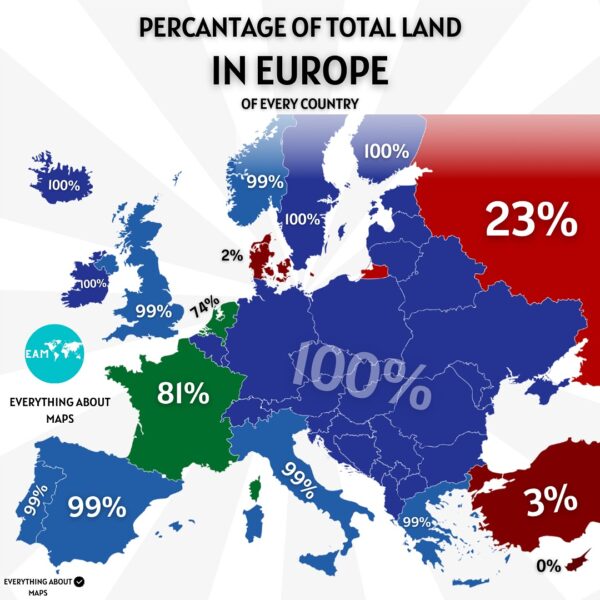 Percentage of Each European Country's Land That Is Actually in Europe ...