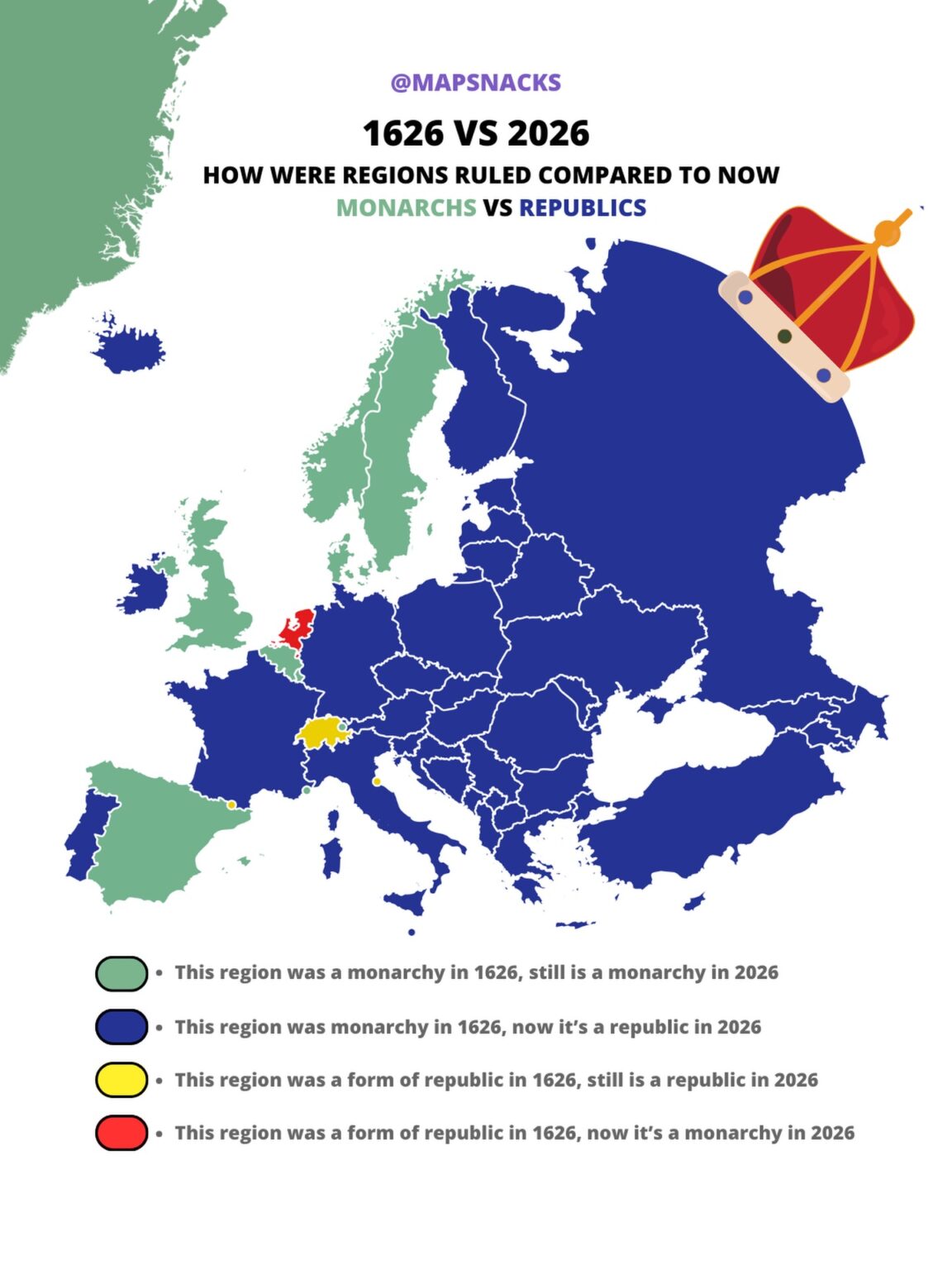 Monarchies Vs Republics In Europe 1714 - 2015 - Brilliant Maps