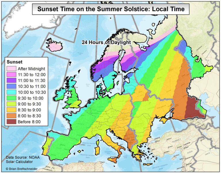 Sunset Time On The Longest Day of The Year In Europe - Brilliant Maps